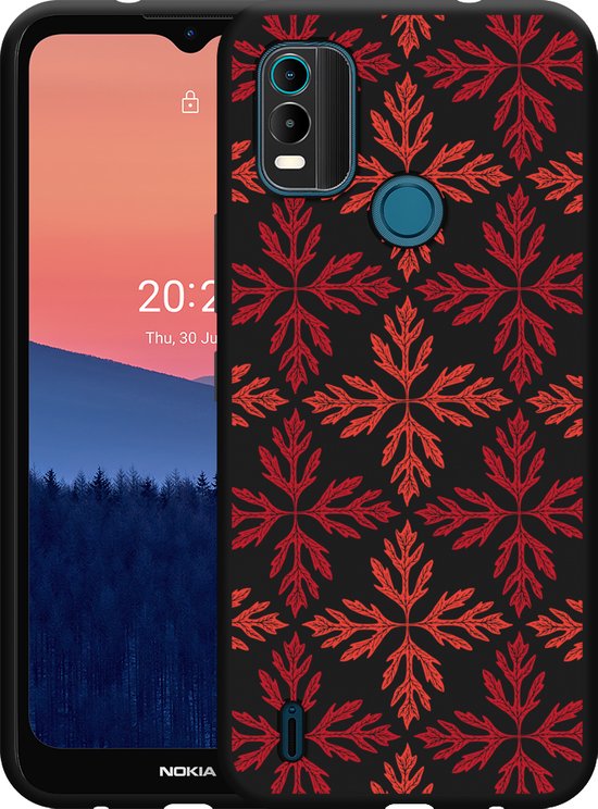 Cazy Hoesje Zwart geschikt voor Nokia C21 Plus - Red Leaves Pattern | bol