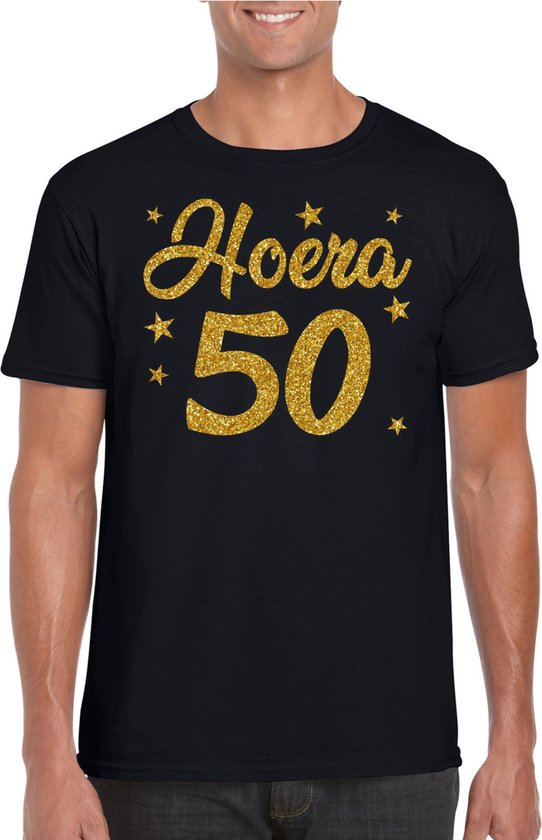 Hoera 50 jaar verjaardag cadeau t-shirt - goud glitter op zwart - heren ...
