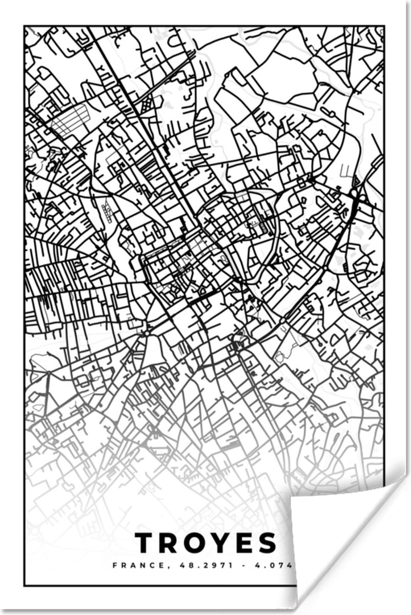 Affiche Plan de ville - Carte - Troyes - Carte - France - Zwart et ...