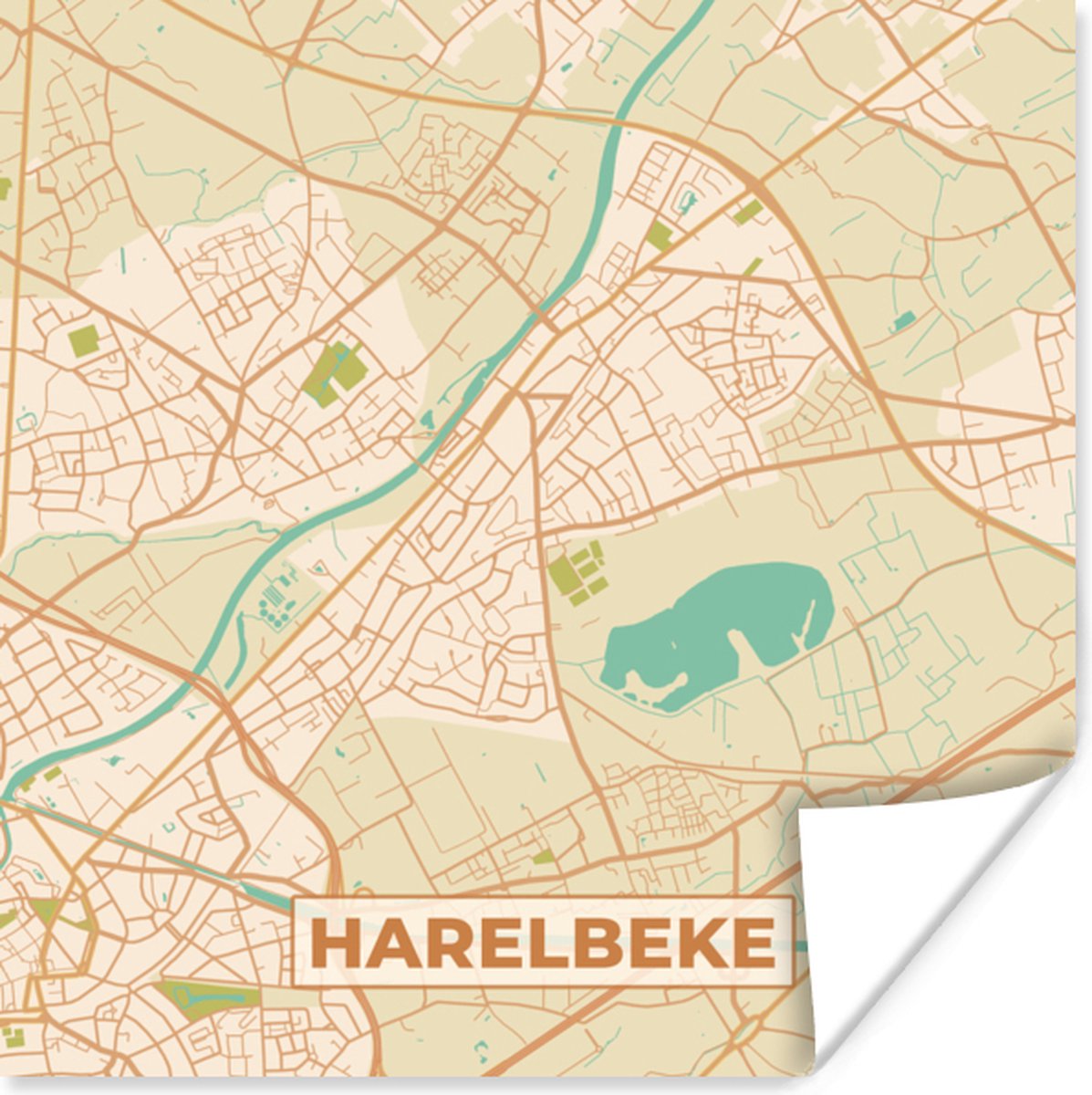 Poster Harelbeke - Kaart - Vintage - Stadskaart - Plattegrond - 50x50 ...