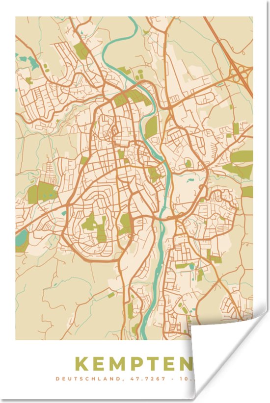 Poster Plattegrond - Kempten - Kaart - Stadskaart - Vintage - 60x90 cm ...