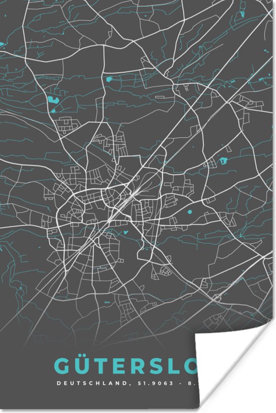 Poster Stadskaart – Kaart – Gütersloh – Blauw – Duitsland – Plattegrond ...