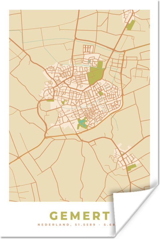 Poster Gemert - Plattegrond - Kaart - Stadskaart - Vintage - 60x90 cm | bol