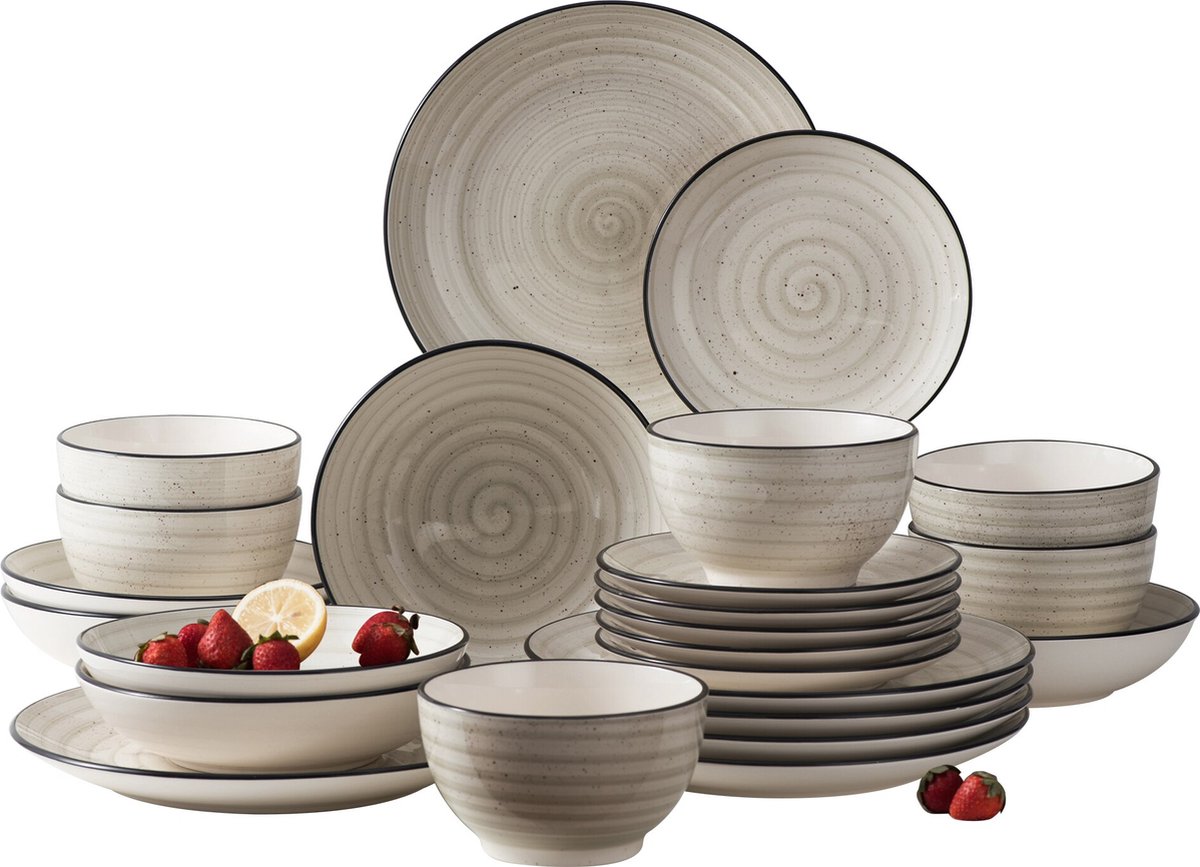 servies set - 24 stuks - Beige - Handgeschilderde Swirls steengoed ...