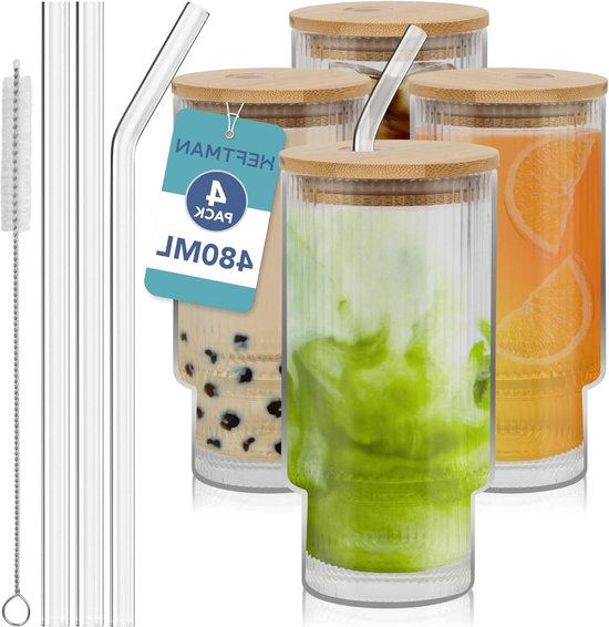 Geribbelde glazen bekers 480ml met bamboe deksels en rietjes - set van 4 stapelbare... | bol