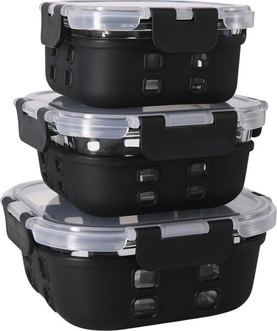 3-Piece Square Glass Lunch Box Set - Airtight and Leak-Proof - Kitchen ...