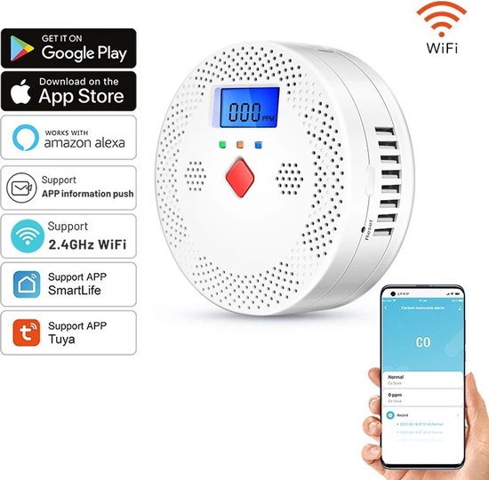 Tuya WiFi Slimme Koolmonoxide Detector Alarm - 85dB Geluidswaarschuwing ...