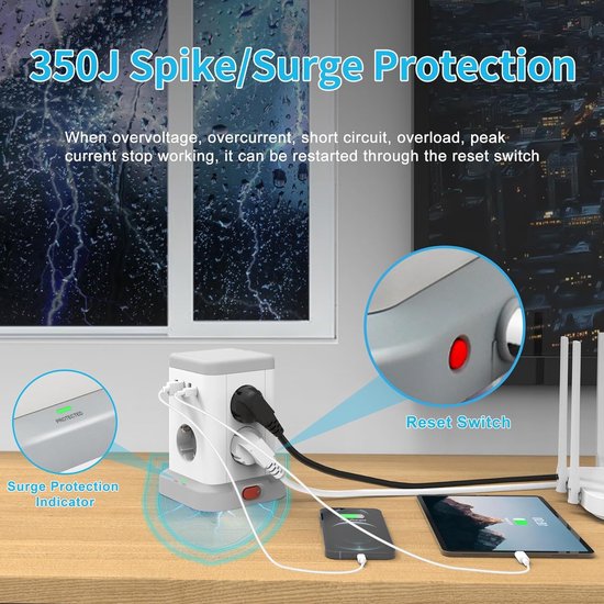 Vertical Power Strip Surge Protector Power Sockets 3680W 16A with USB Ports and Switch... | bol