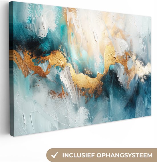 Canvas schilderij 90x60 cm - Wanddecoratie Abstract - Kunst - Gold - Blauw -... | bol