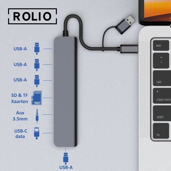 Rolio USB C Hub - 4x USB-A - Splitter - 2x SD/TF kaartlezer - 1x USB-C ...