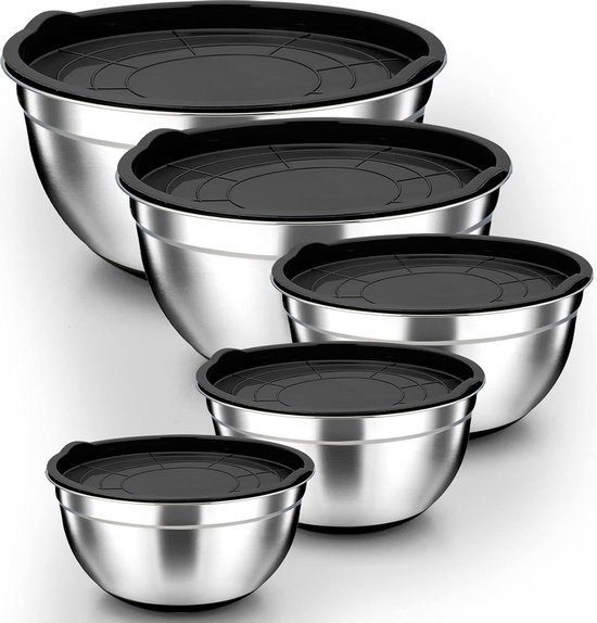 Mixing Bowl Set - Stainless Steel Salad Bowls with Black Lid - Multifunctional... | bol
