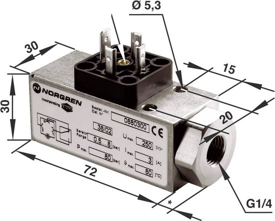 Norgren Drukschakelaar 0880300 G1/4 0.5 tot 8 bar 1 wisselcontact 1 ...