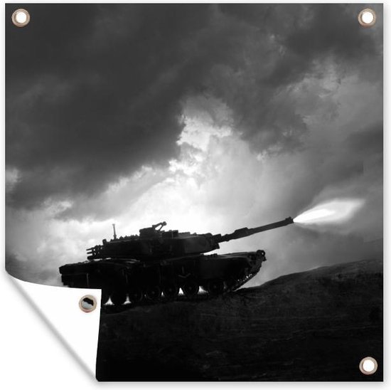 Tuindoek Schietende tank - zwart wit - 100x100 cm | bol