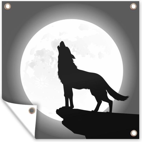 Tuindoek een huilende wolf bij volle maan - zwart wit - 100x100 cm ...