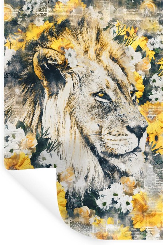 Muurstickers - Sticker Folie - Leeuw - Krant - Bloemen - 80x120 cm - Plakfolie -... | bol