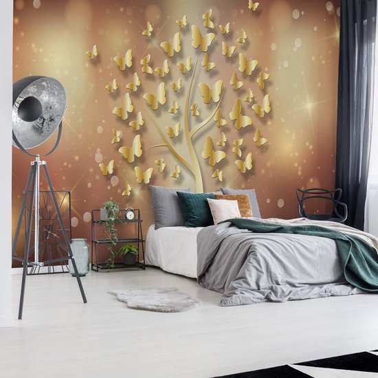 Fotobehang - Vlies Behang - Gouden Boom van Vlinders - Kunst - 312 x 219 cm | bol