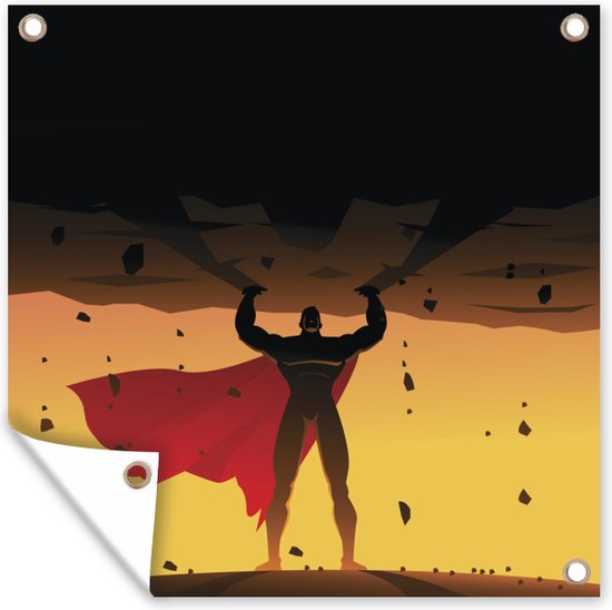 Tuin poster Kinderillustratie van superheld die rotsblok boven zijn ...