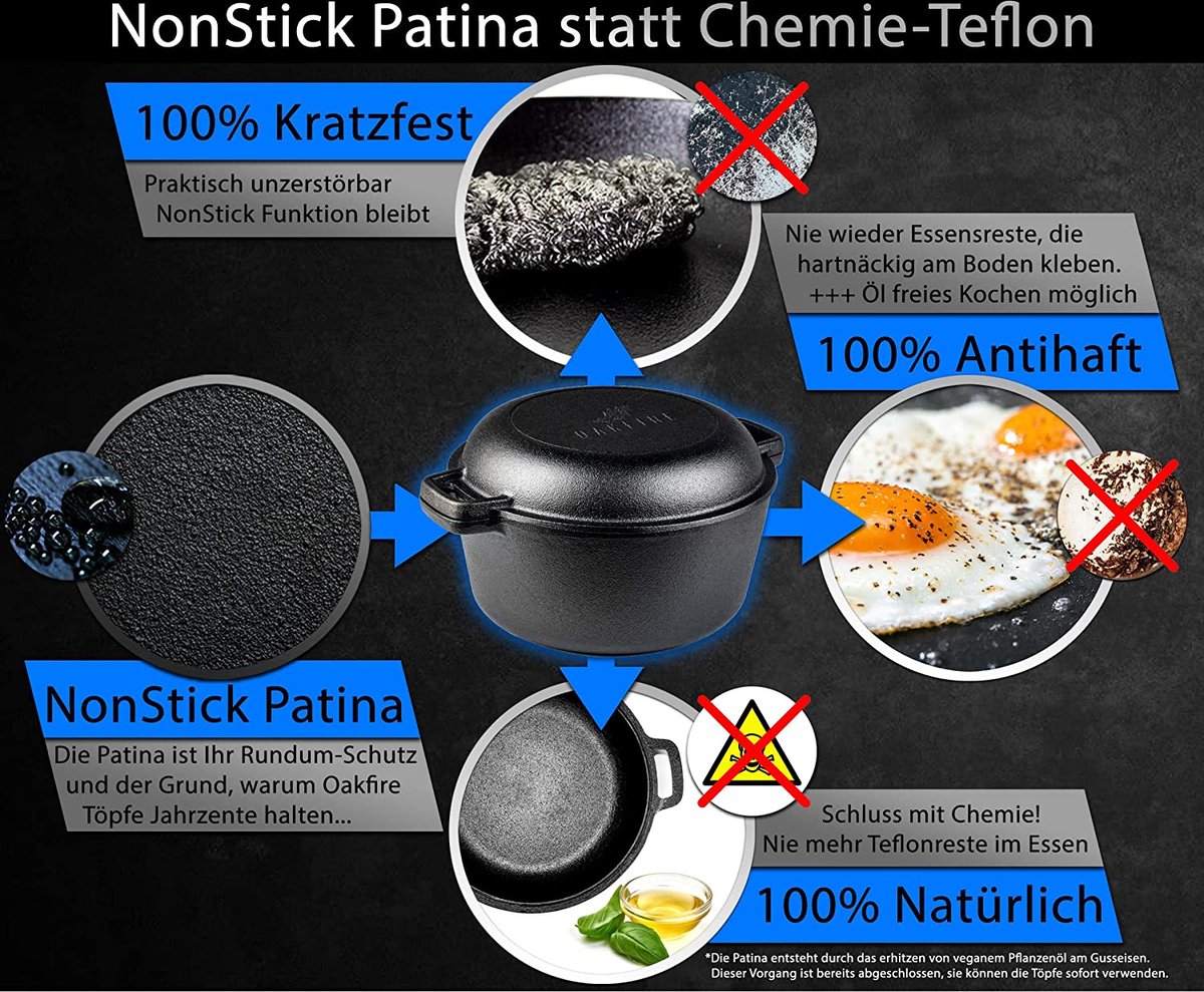 Oakfire Gietijzeren pan 2-in-1 met pan, Ø 26 cm 4,6 l, Dutch Oven ...