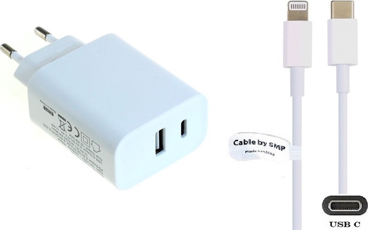 2 Poort snellader + 1,0m Lightning naar USB C kabel. 20W QuickCharge ...