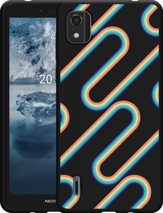 Nokia C2 2nd Edition Hoesje Zwart Retro Regenboog II - Designed by Cazy ...