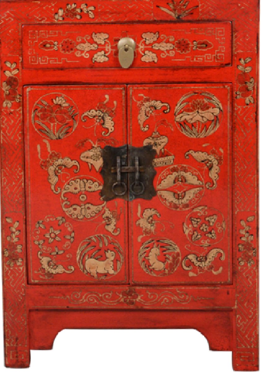 Fine Asianliving Chinese Kast Rood Handgeschilderd Lotus B58xD37xH85cm ...