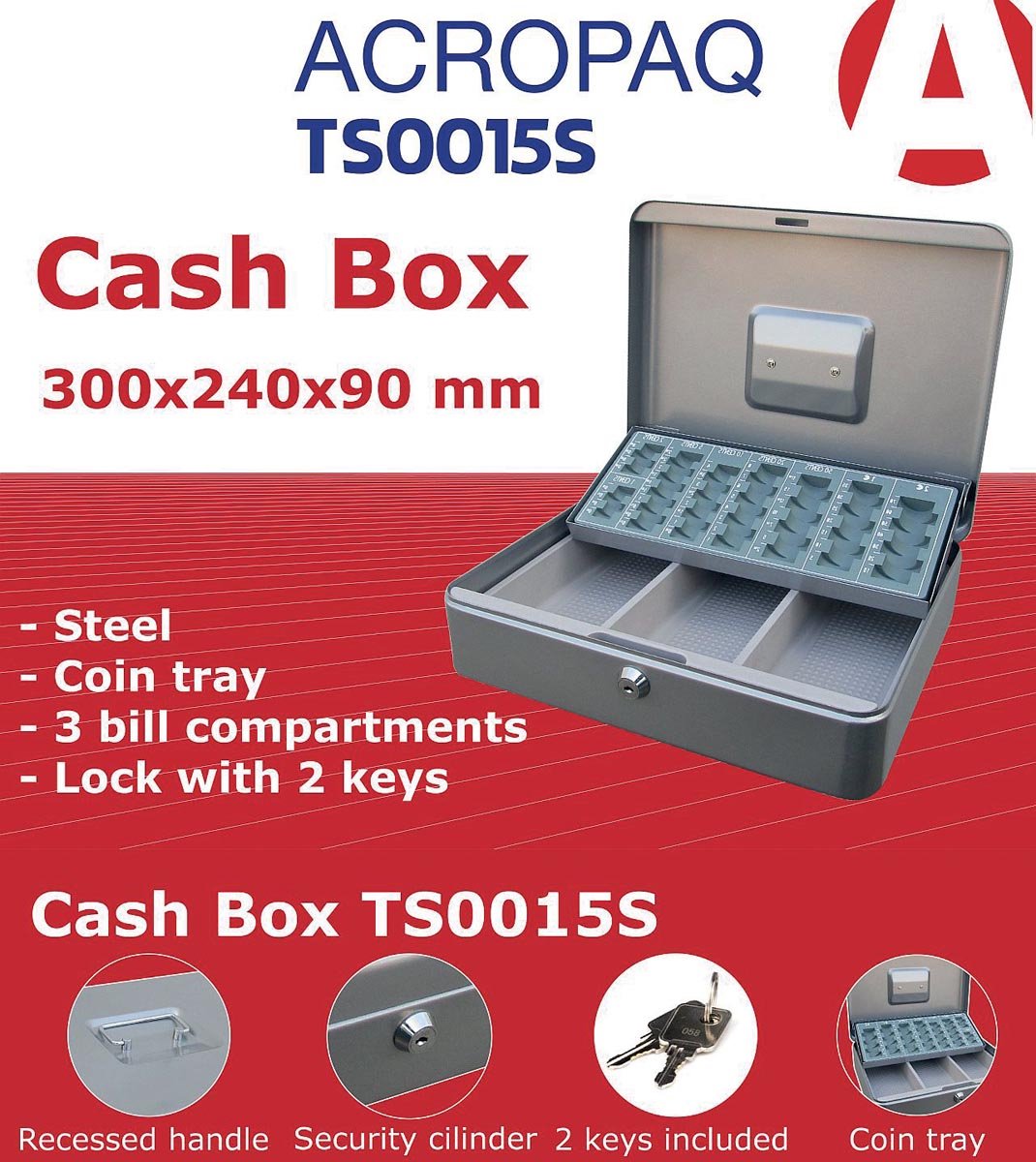 ACROPAQ Geldkistje - Geldkist groot met sleutel, 30 x 24 x 9 cm, Metaal ...