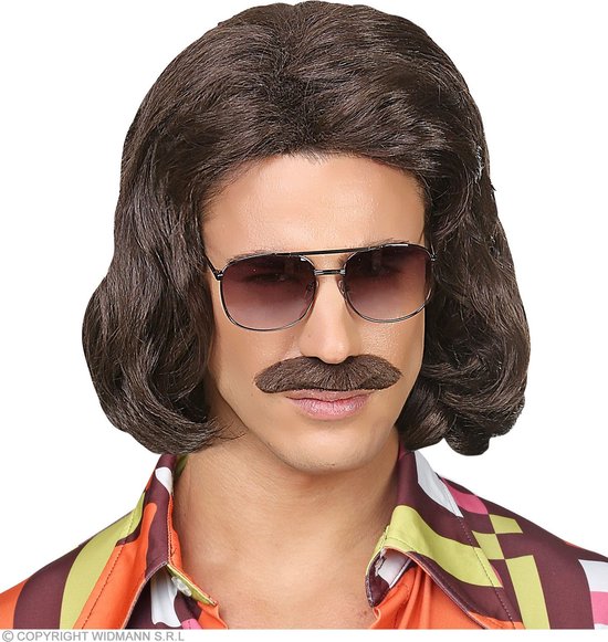 Widmann - Hippie Kostuum - Foute 70s Dandy Pruik En Snor Bruin - bruin ...