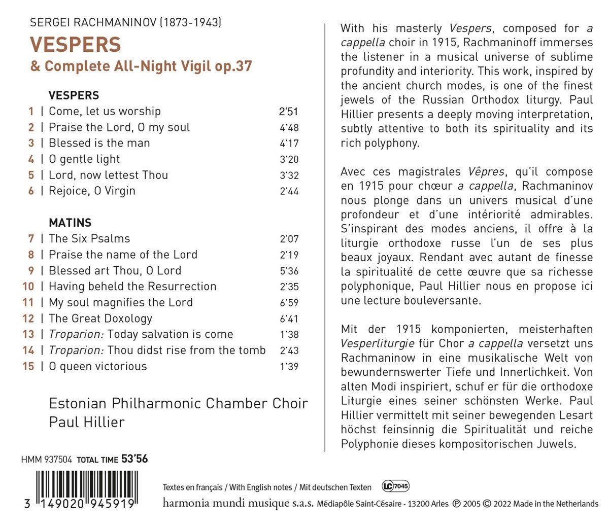 Estonian Philharmonic Chamber Choir - Rachmaninov Vespers (CD ...