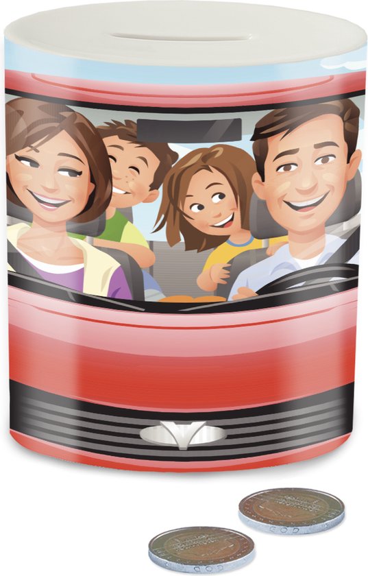 Spaarpot - Spaarblik - tekening van een familie in de auto ...