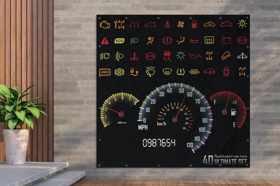Tuin poster tekening van de gekleurde symbolen in een auto op het ...