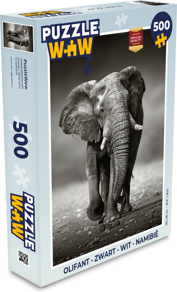 Puzzel Olifant - Zwart - Wit - Namibië - Legpuzzel - Puzzel 500 stukjes ...