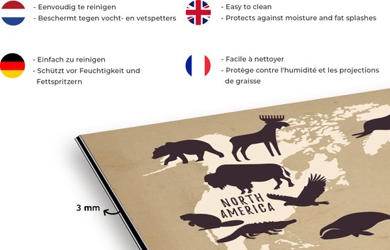 Spatscherm keuken 70x50 cm - Kookplaat achterwand Wereldkaart - Dieren ...