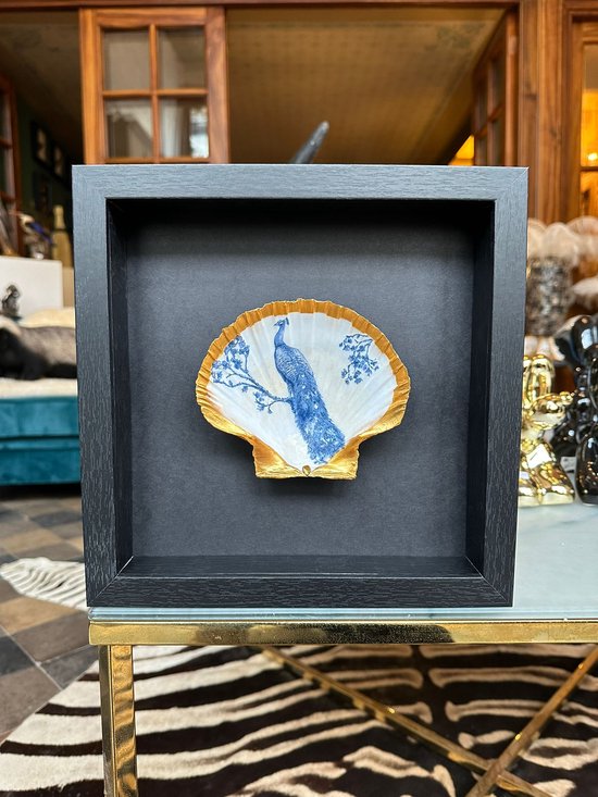 Mijn Pronkstuk - Gouden sint-jacobsschelp met Pauw - ingelijst - 25x25 ...
