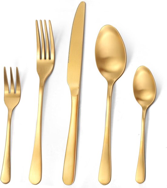 Bestekset voor 6 personen, 30-delige titaniumgouden bestekset met mes ...