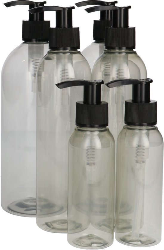 6x Kunststof Transparant Fles met Dispenser Pomp - 100ml, 250ml & 500ml ...