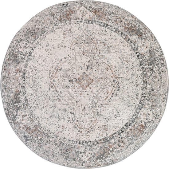 Tapiso Valley Rond Vloerkleed Beige Lichtgrijs Laagpolig Frame Tapijt ...