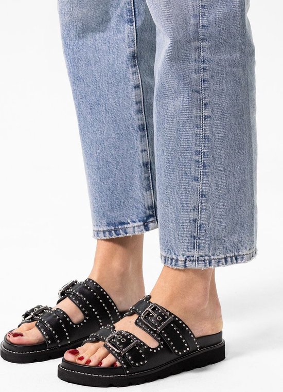 Sacha - Dames - Zwarte leren chunky slippers met studs - Maat 42 | bol