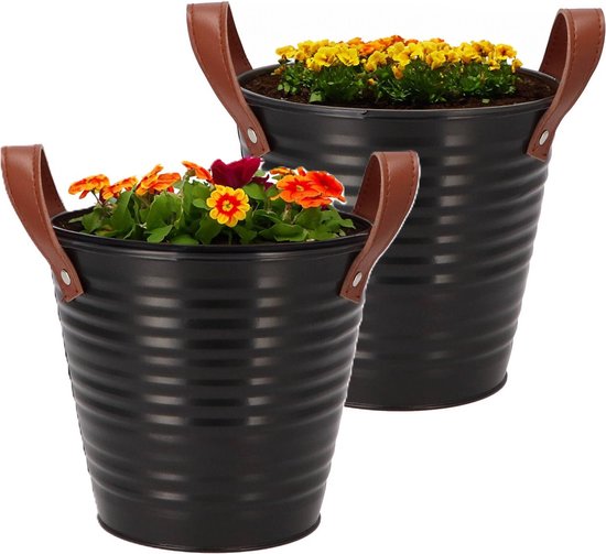 DK Design Plantenpot/bloempot emmer Leather- 2x - zink - zwart - D16 x ...