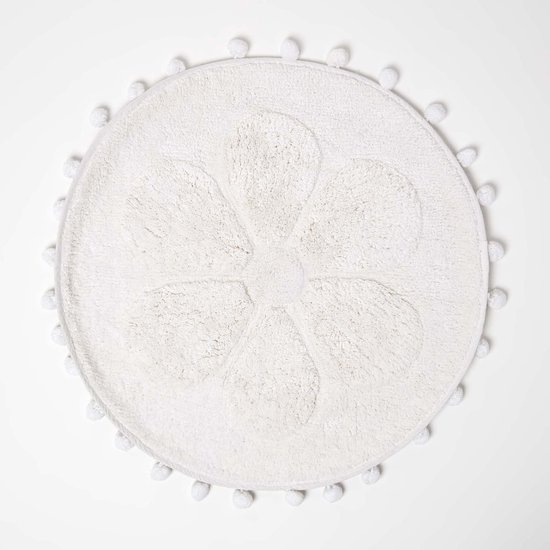 Homescapes Ronde Badmat Bloem, 60 cm - Badmat Wit met Pom Poms | bol