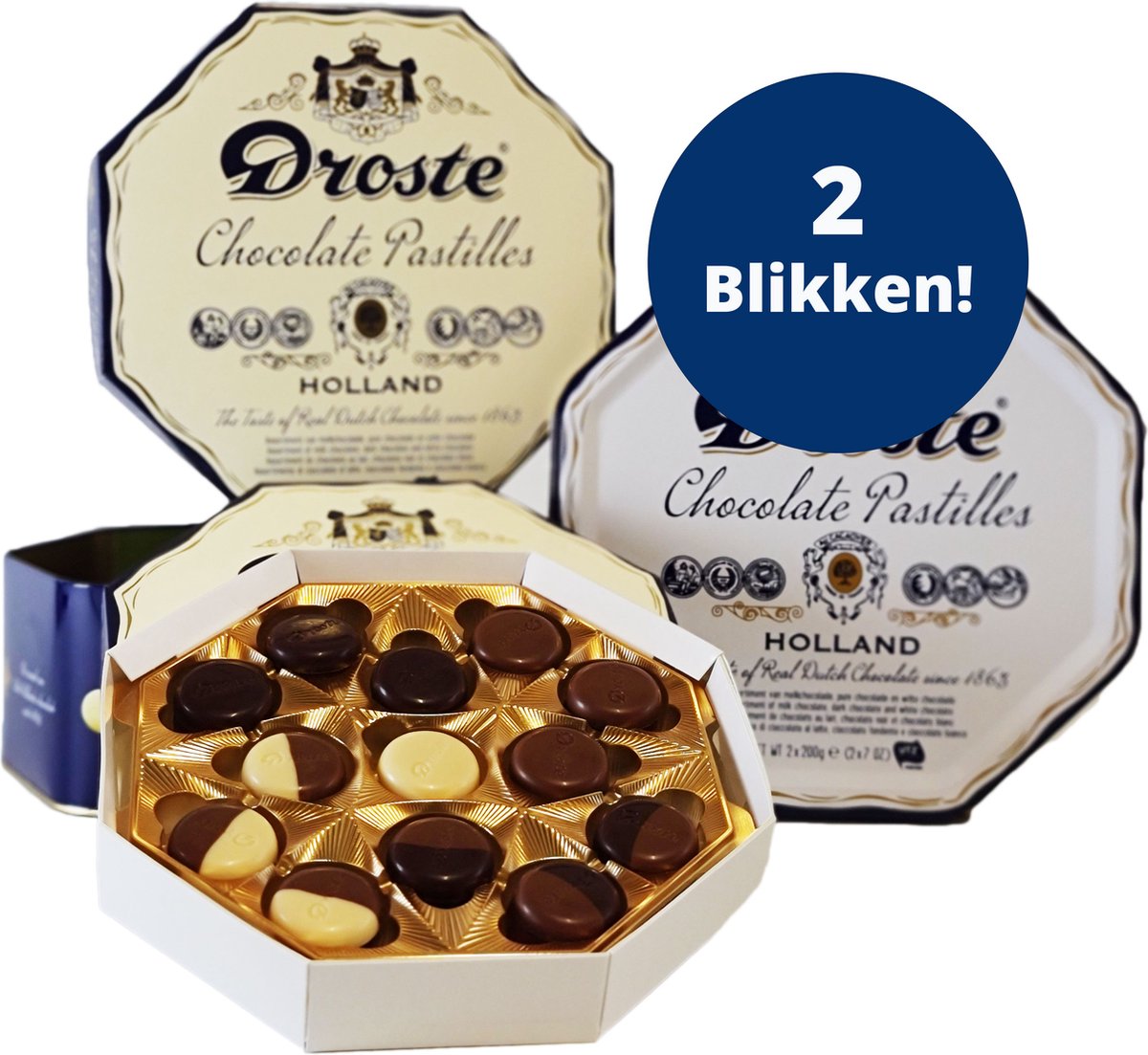 Droste 2 stuks authentiek bewaarblik gevuld met 5 soorten chocolade ...