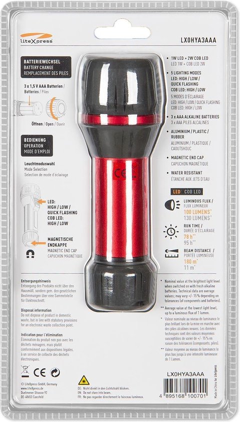 Litexpress Led-zaklamp 130 Lm 14,4 Cm Rood/zwart | bol