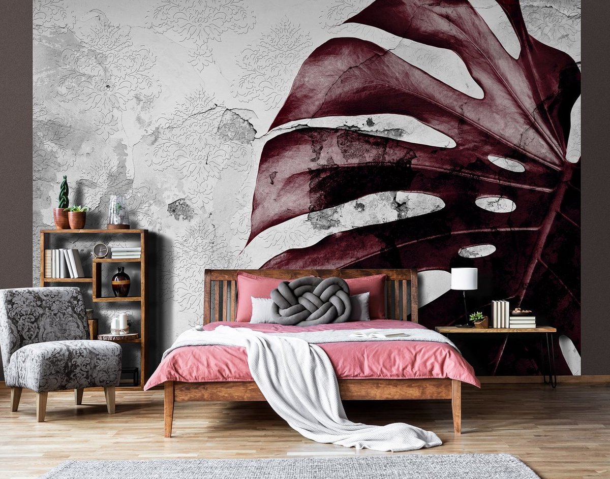 Fotobehang - Vlies Behang - Monstera op Beton - Rood Jungle Blad - 254 ...