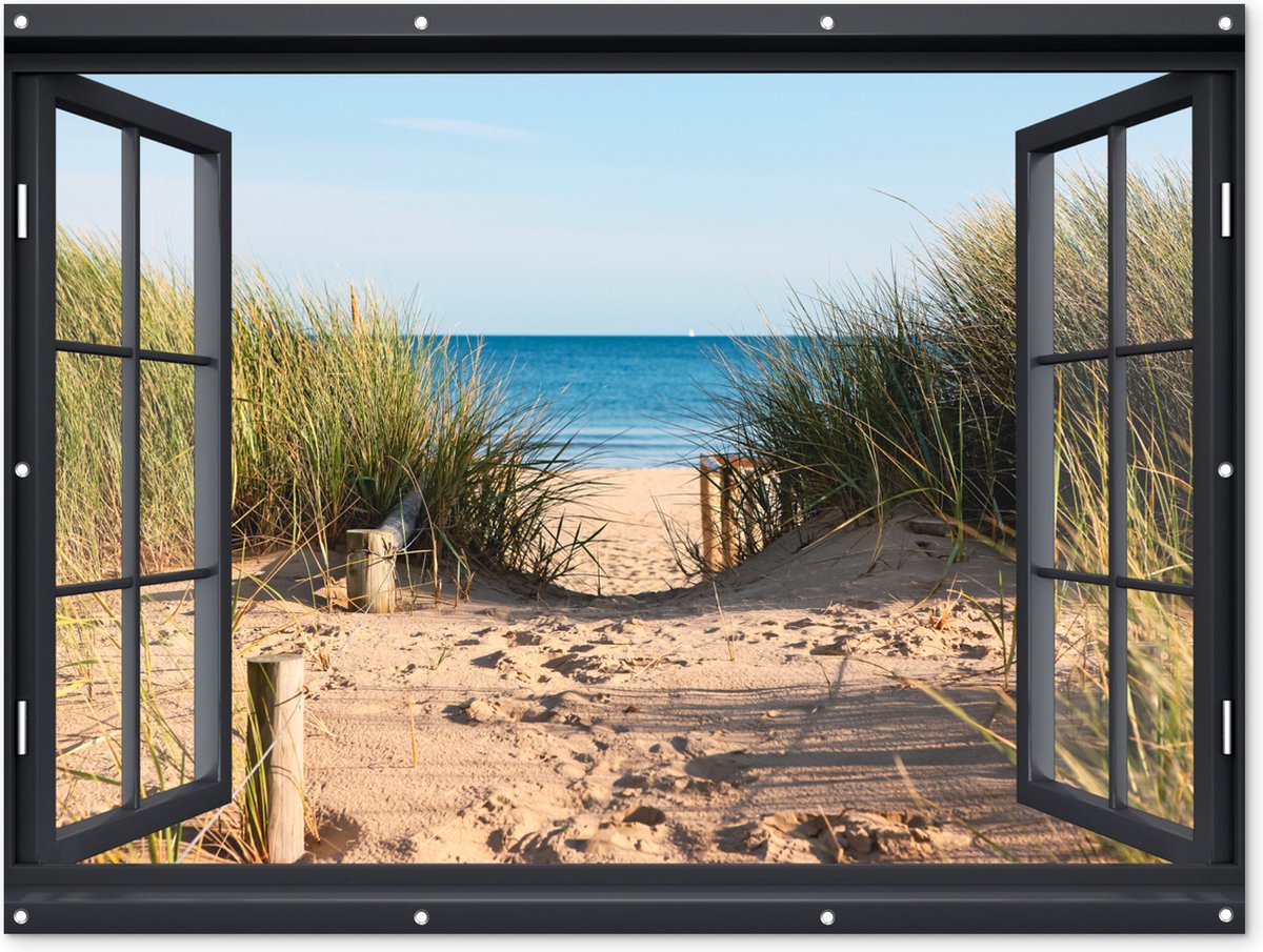 Tuinposter raam - Doorkijk - Strand - Natuur - Zee - Duinen - Planten ...
