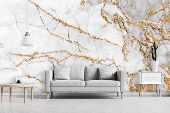 Fotobehang - Vlies Behang - Wit Marmer met Gouden Lijnen - 254 x 184 cm ...