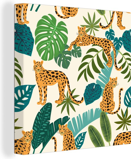 Canvas Schilderij Jungle - Luipaard - Planten - Patroon - Meiden ...