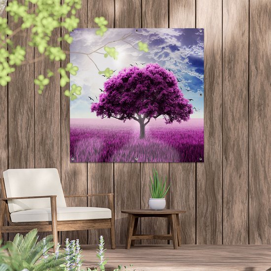 Gards Tuinposter Paarse Boom in het Paars Veld met Vogels - 100x100 cm ...