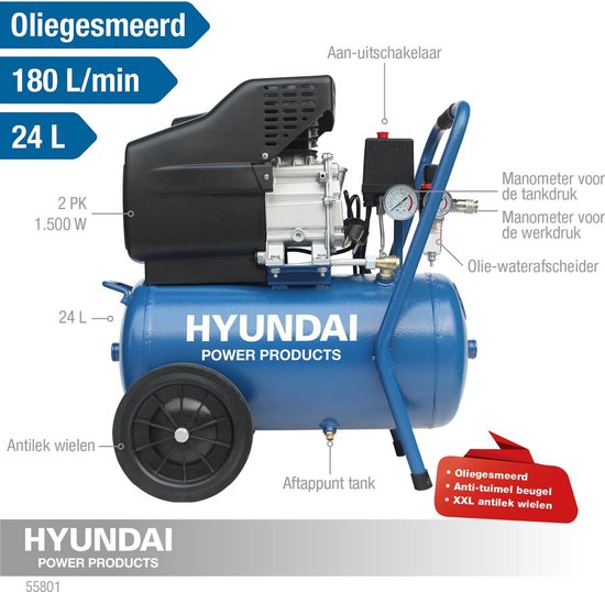Hyundai compressor 24L 8 bar - 1500W - Oliegesmeerd - Anti-tuimel ...