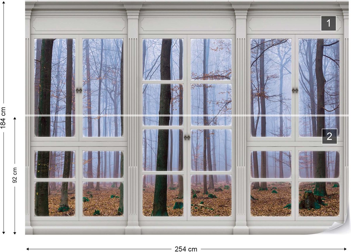 Fotobehang - Vlies Behang - 3D Uitzicht op het Bos door het Raam - 254 ...