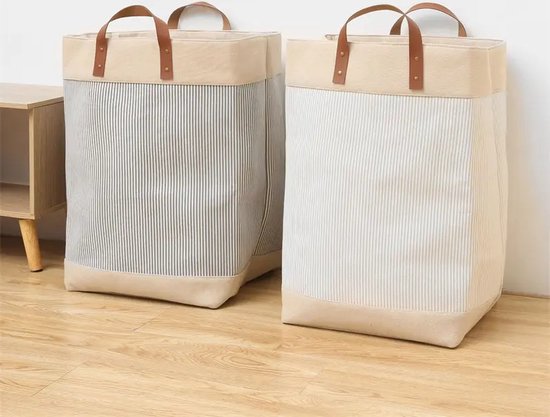 Opvouwbare wasmand van jute stof met lederen handvat, opbergmand ...