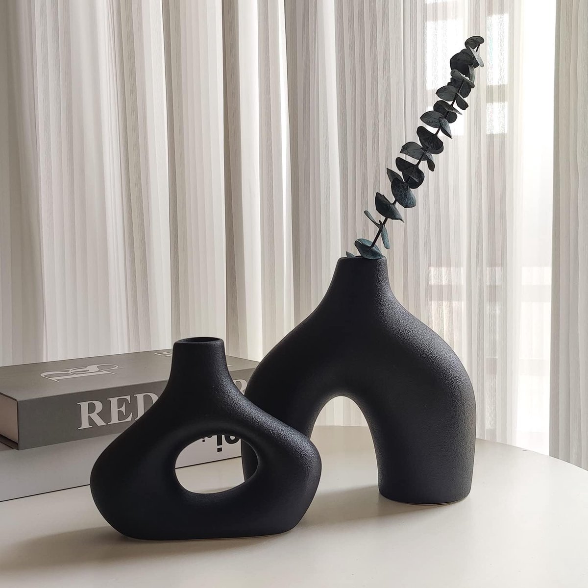 Zwarte keramische vaas, set van 2 dubbele vazen voor moderne boho ...